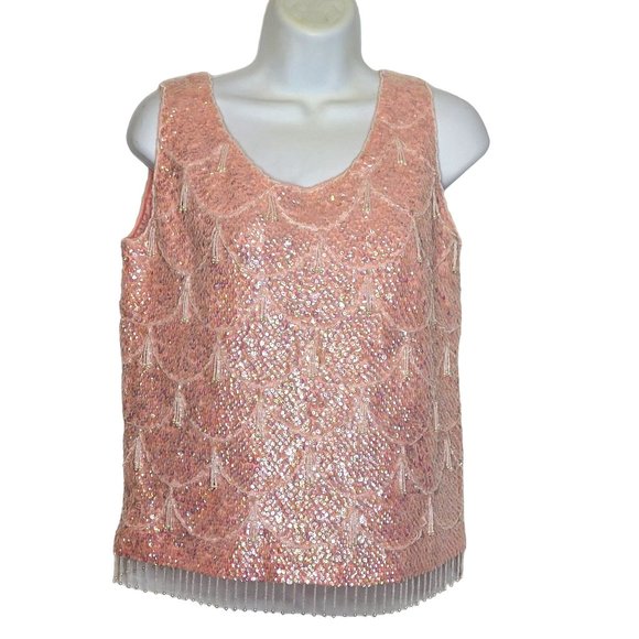 unbranded | Tops | Mcm Beaded Sequin Tank Top 5s 60s Pink Zip Back Hong ...